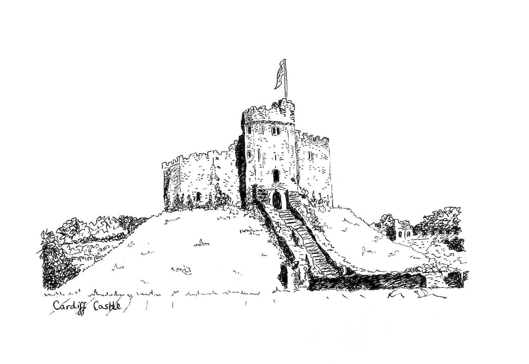 Cardiff Castle Postcard Line Drawing Illustration Black & - Etsy