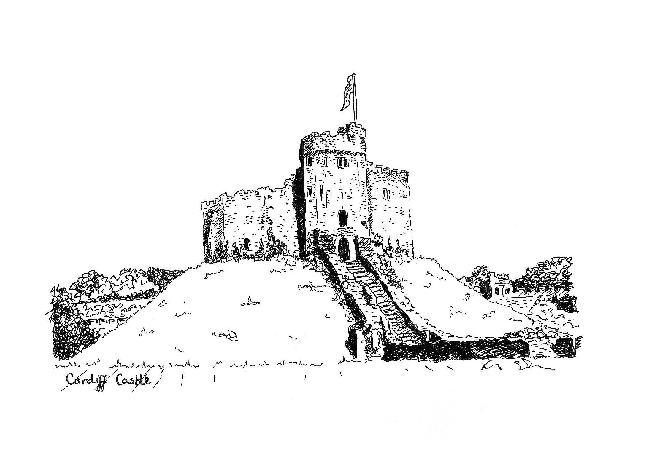 Cardiff Castle Postcard Line Drawing Illustration Black & | Etsy