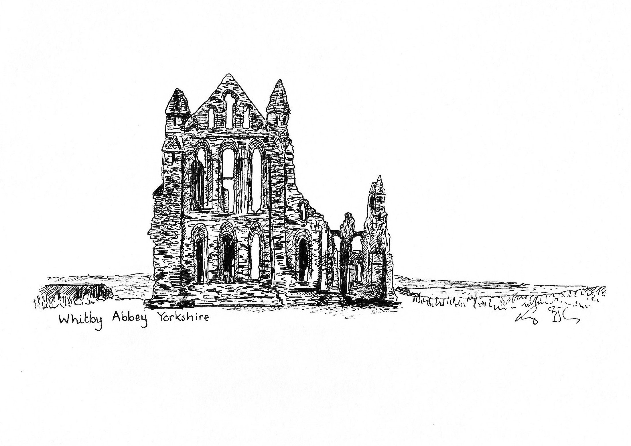 Whitby Abbey, Yorkshire Postcard, Line Drawing Illustration, Black ...