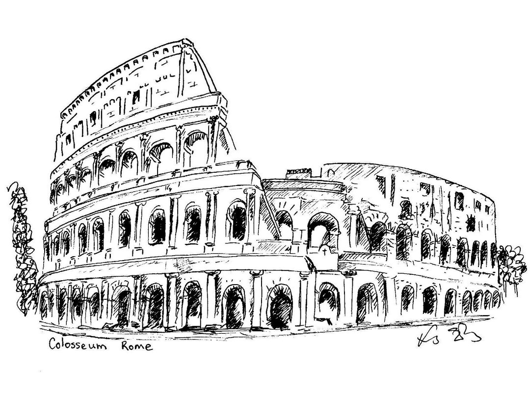 Colosseum Postcard Line Drawing Illustration Black & White - Etsy