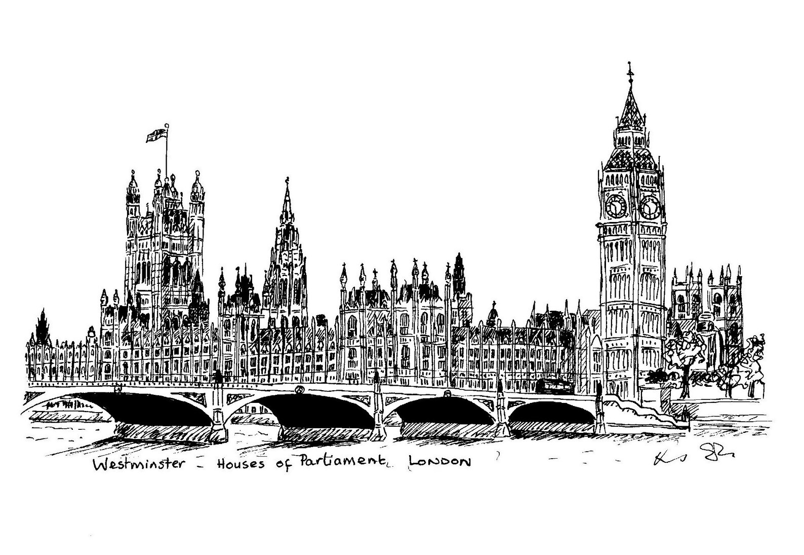 Westminster Houses of Parliament Postcard, Line Drawing Illustration ...