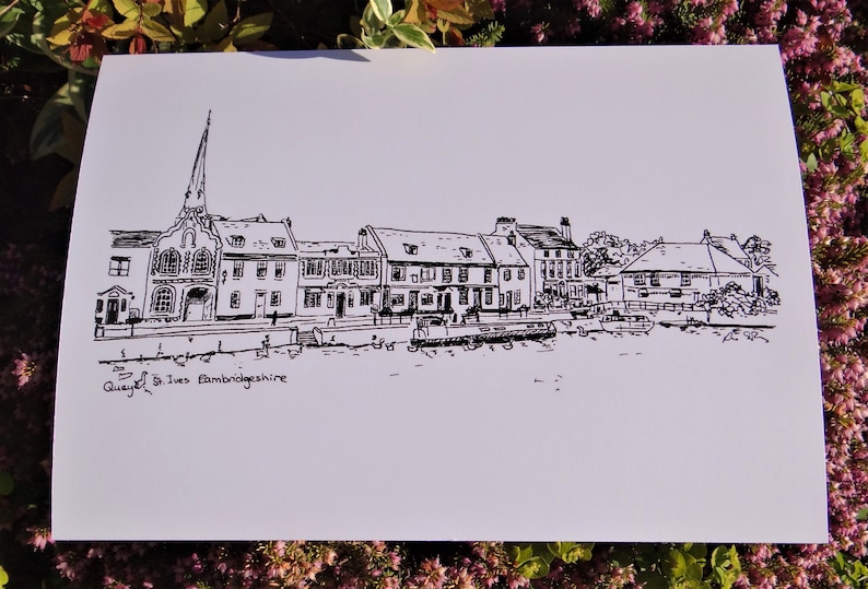 St. Ives Quay, Cambridgeshire Print, Line Drawing Illustration, Black ...