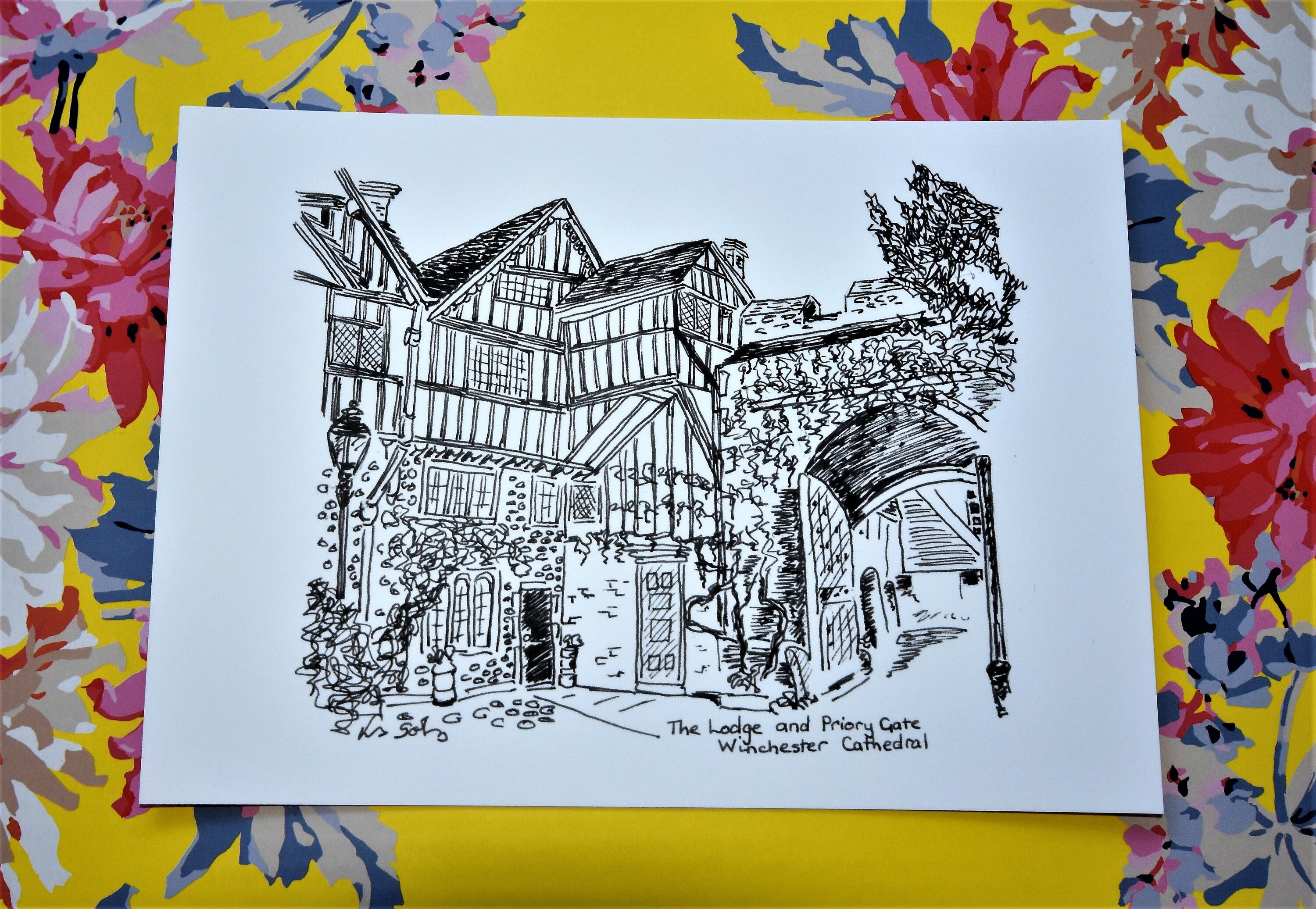 The Lodge and Priory Gate Winchester Cathederal Postcard, Line Drawing ...