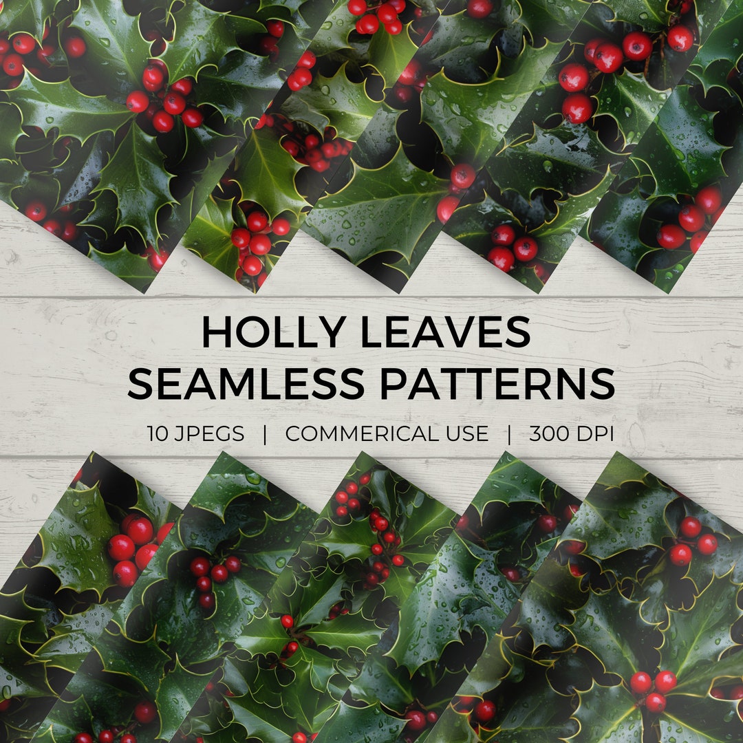 10 Christmas Holly Leaves and Berries Seamless Patterns Commercial Use ...
