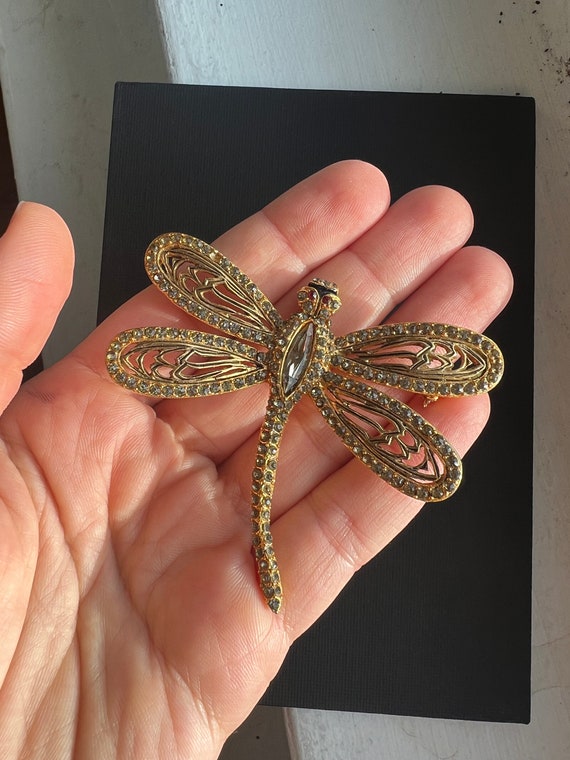 Vintage VOGUE Jewelry Large Gold Tone Rhinestone Dragonfly Brooch
