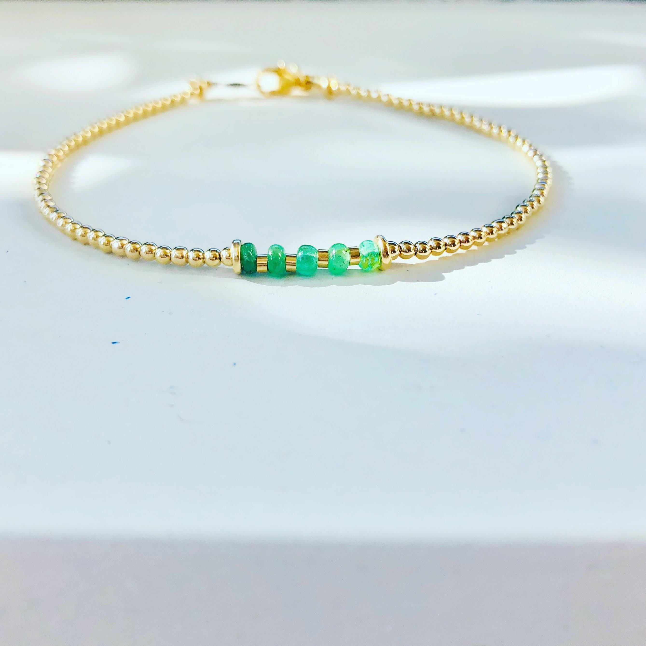 The May Bracelet Emerald and Pure 14k Gold Round Bead | Etsy
