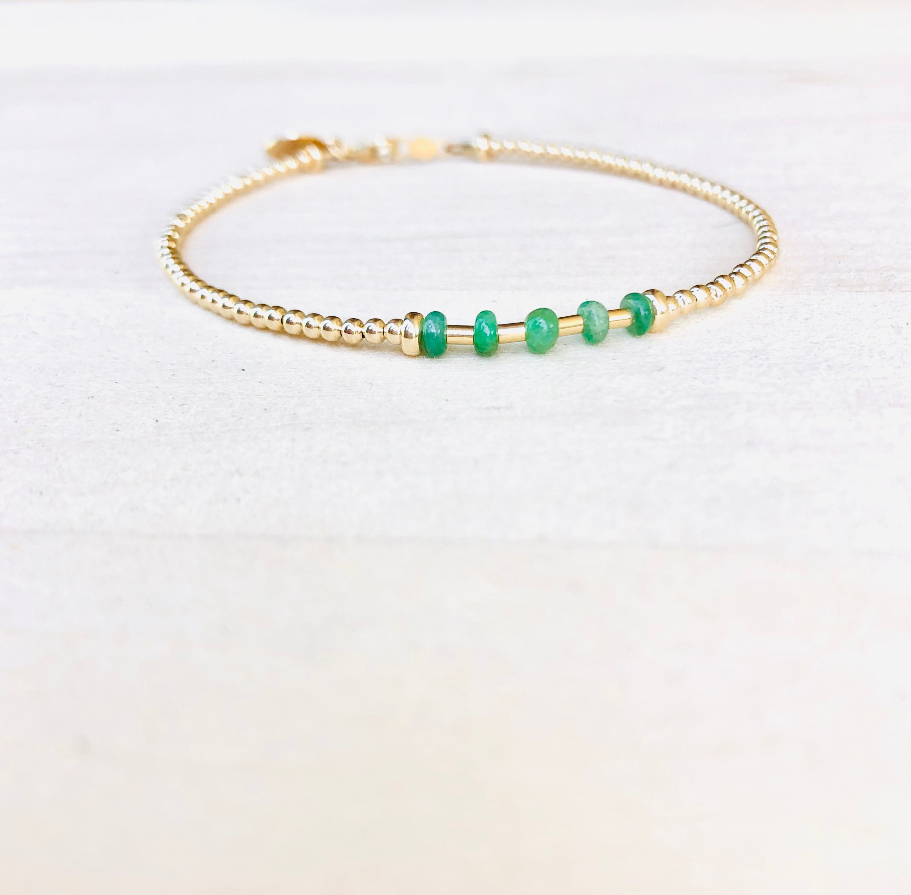 The May Bracelet Emerald and Pure 14k Gold Round Bead | Etsy