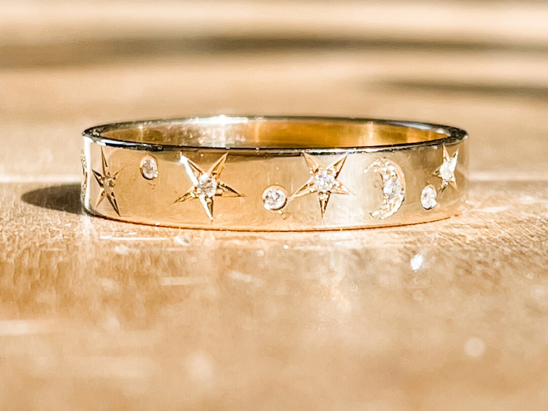 My Night Sky Ring | Hand Engraved Diamond Moon and Star Ring - Etsy