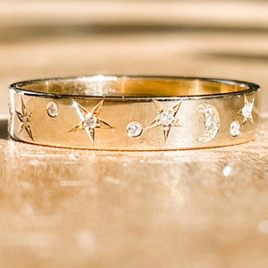 My Night Sky Ring | Hand Engraved Diamond Moon and Star Ring - Etsy