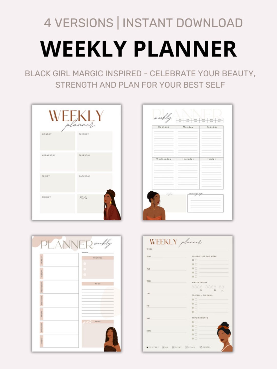 Black Girl Weekly Planner Printable to Do List, Minimal Weekly Schedule ...