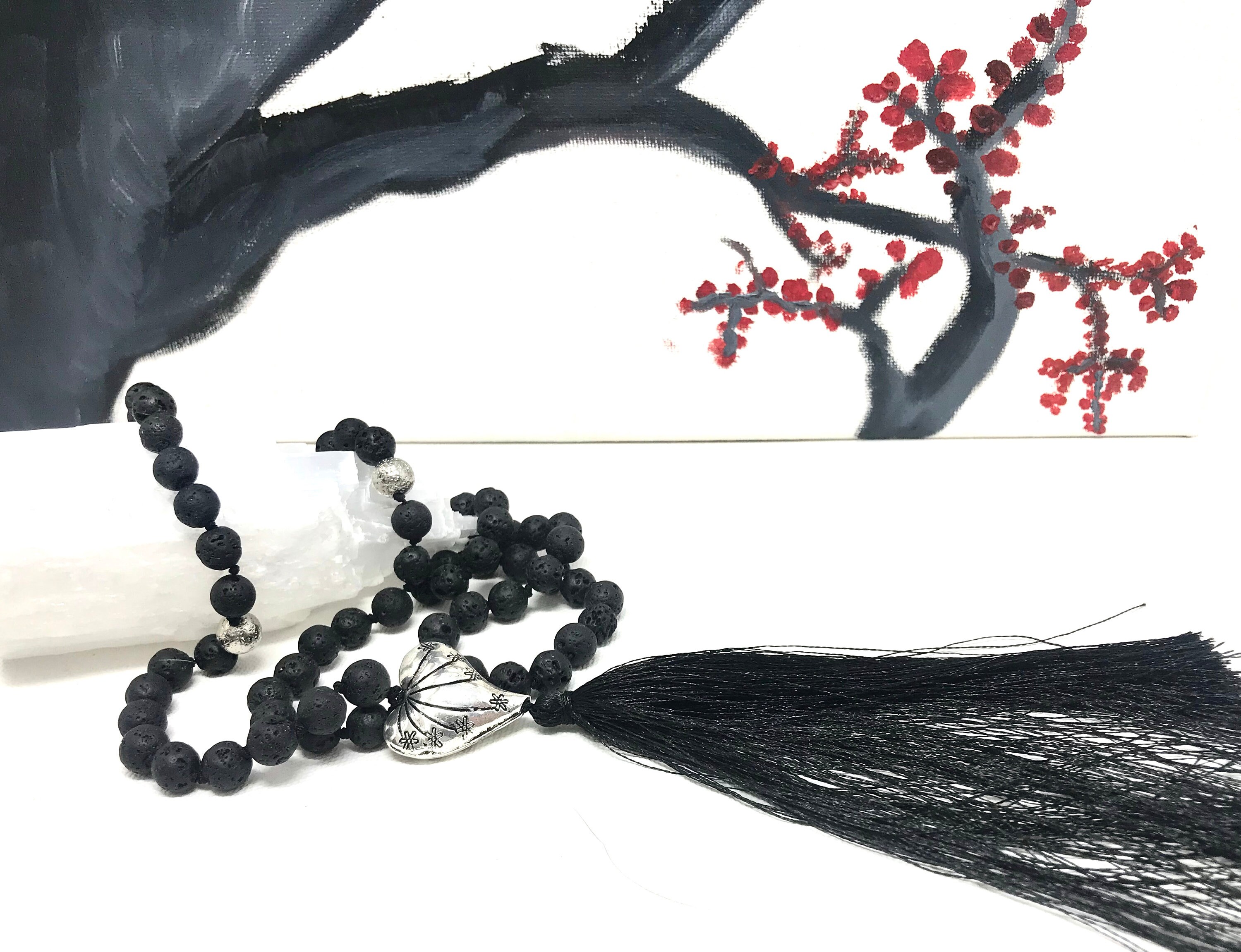 Black Lava Mala Necklace: Silver Heart, Silk Tassel, Meditation Prayer ...
