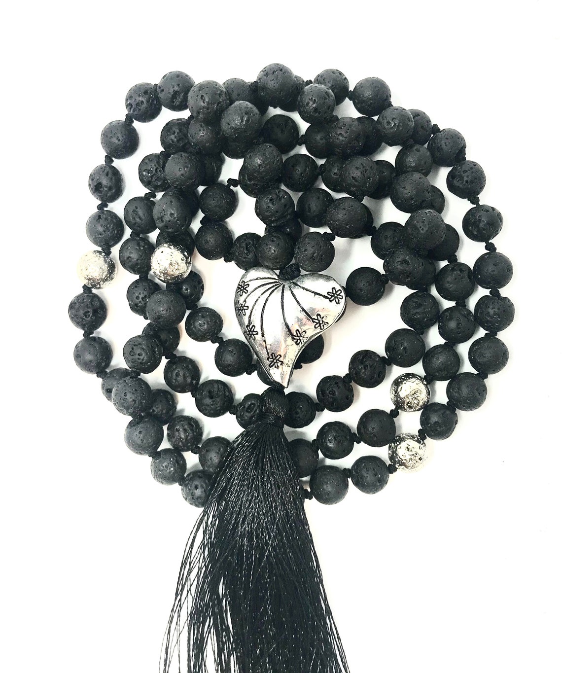 Black Lava Mala Necklace: Silver Heart, Silk Tassel, Meditation Prayer ...