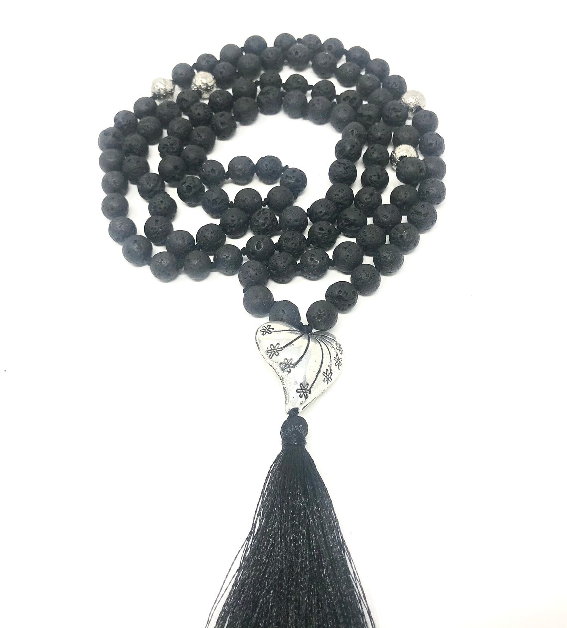 Black Lava Mala Necklace: Silver Heart, Silk Tassel, Meditation Prayer ...