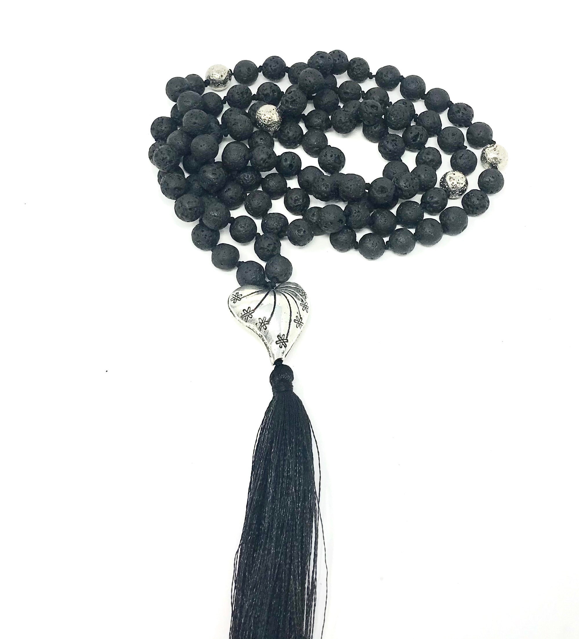 Black Lava Mala Necklace: Silver Heart, Silk Tassel, Meditation Prayer ...