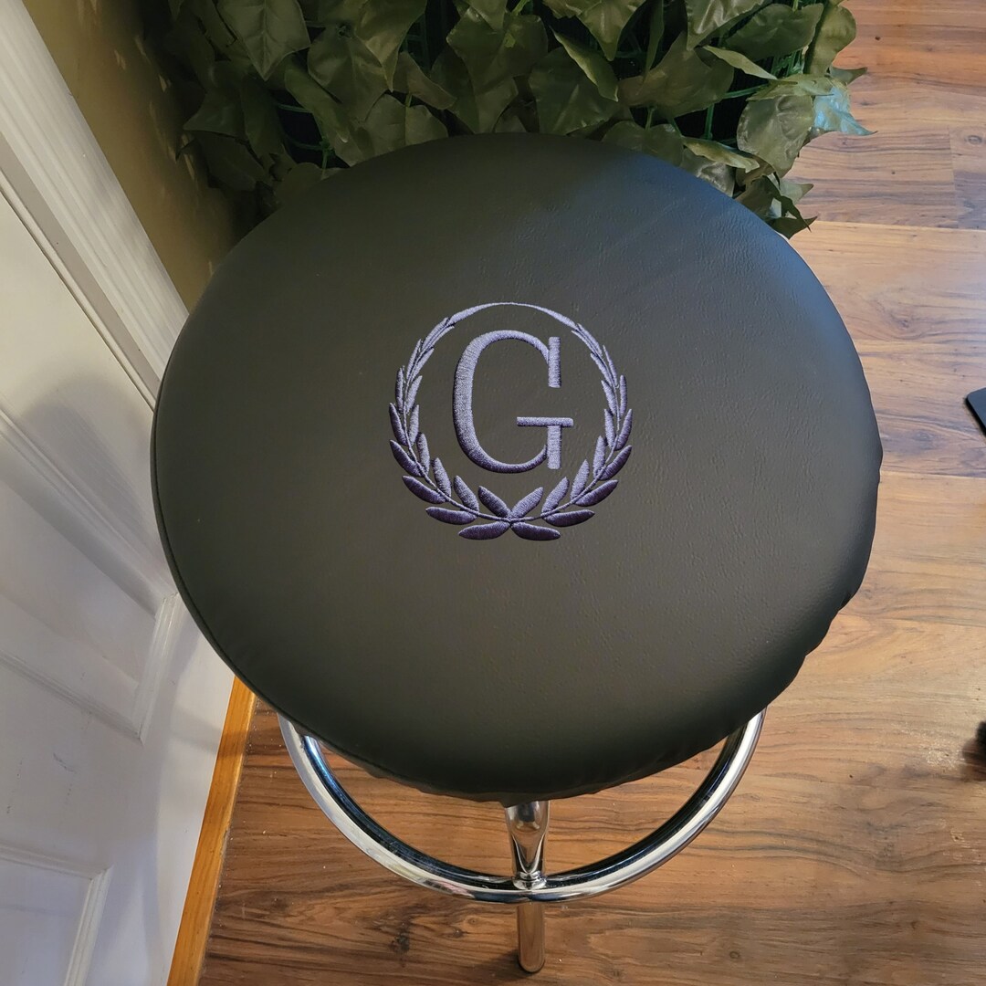 Monogram Bar Stool Cover Black PU Leather Custom Embroidery *COVER ONLY ...