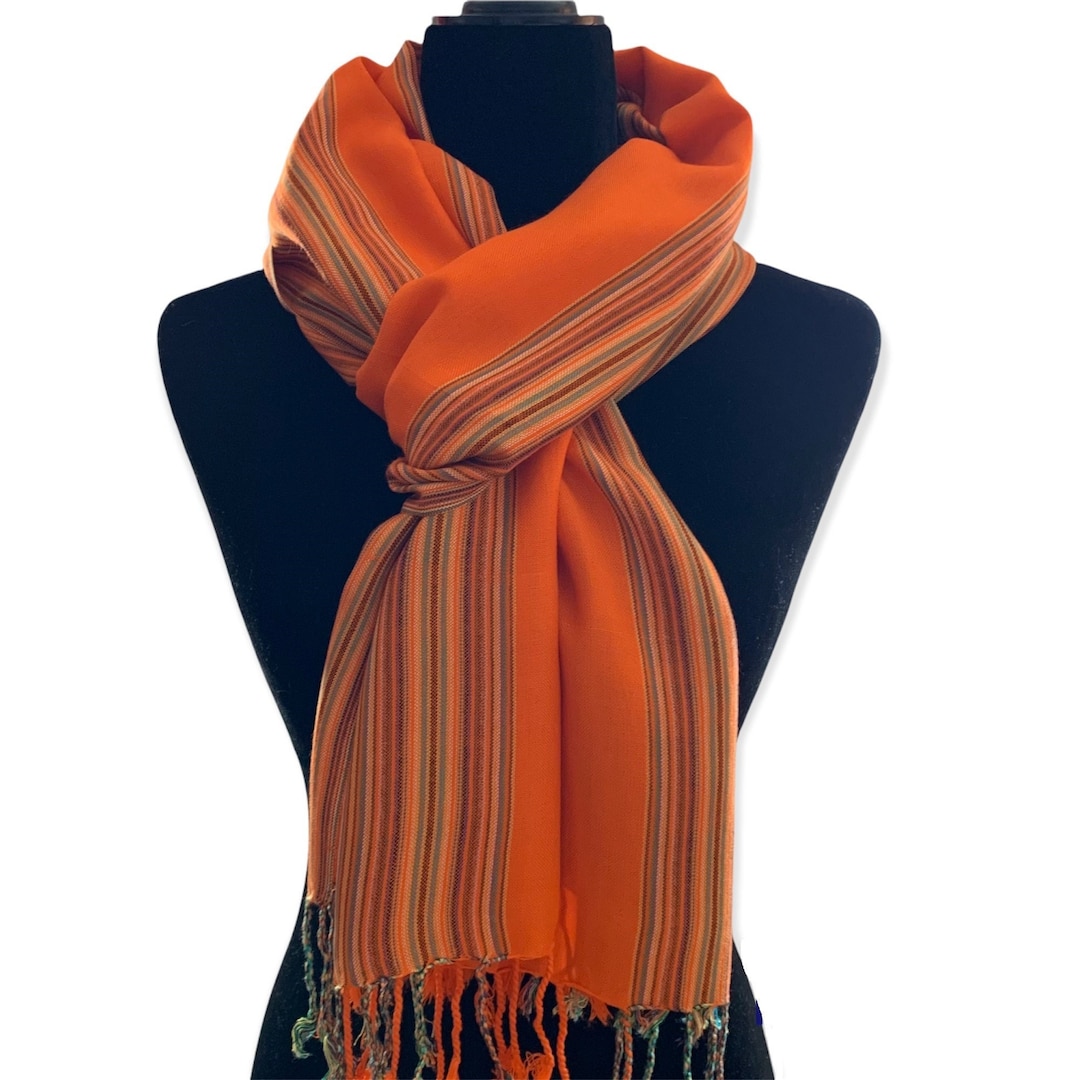 Striped-frame Handwoven Bamboo Viscose Scarf Orange - Etsy Denmark
