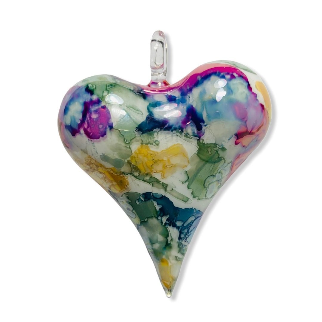 Blown Glass Ornament Heart Multi Green Etsy