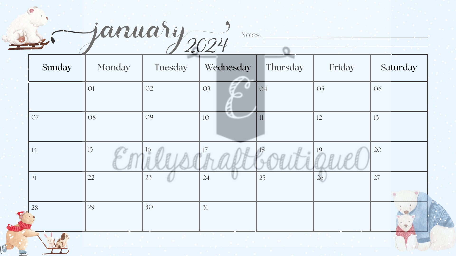 PRINTABLE January 2024 Calendar, Polar Bear Printable Monthly Calendar ...