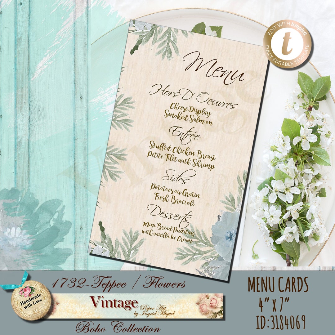 Menu Cards Wedding Invitation Menu Cards Boho Editable & - Etsy
