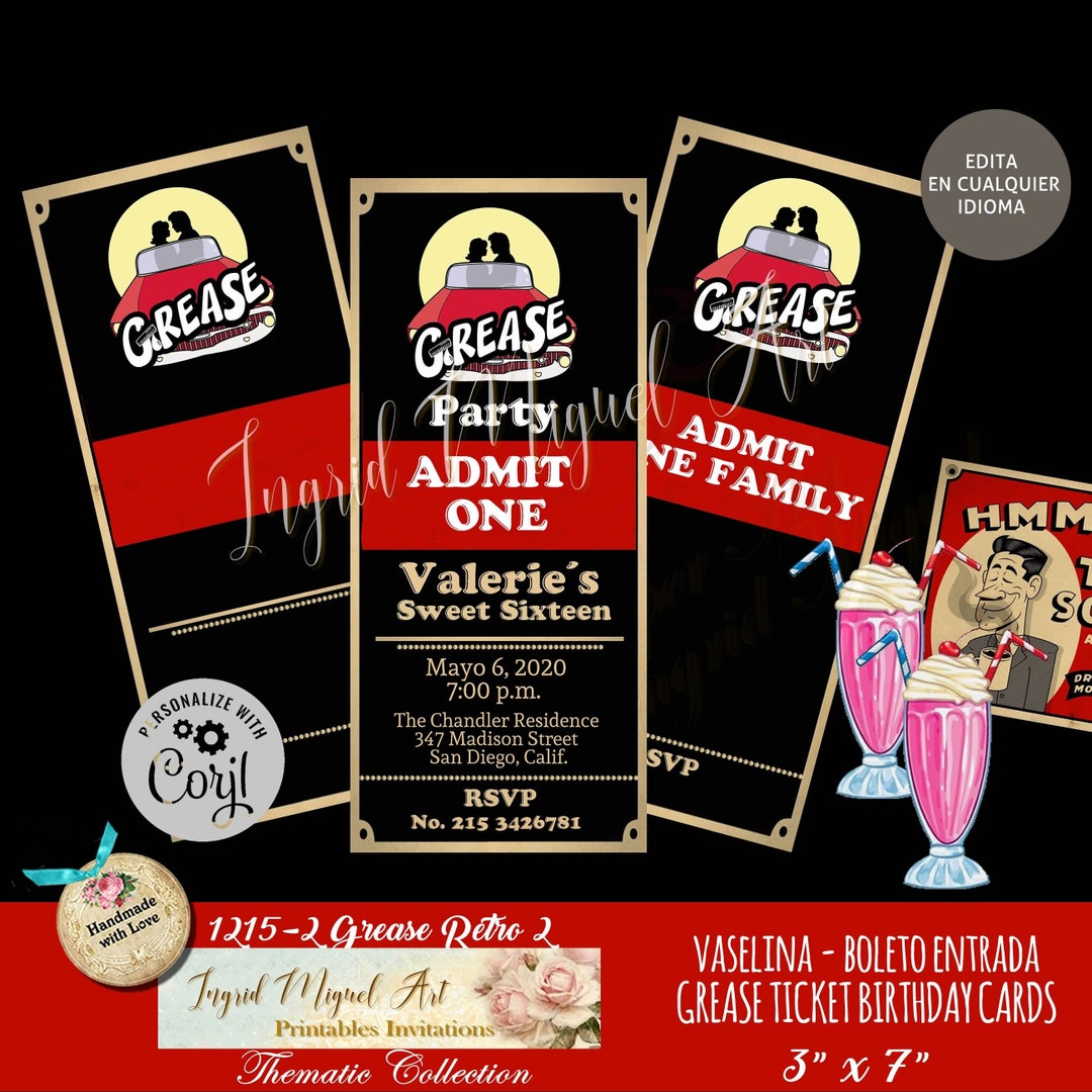 Grease Birthday Ticket Invitation Retro, Party Ticket Cards, Digital ...