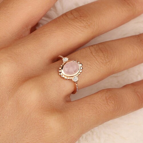 Dainty Pink Quartz Oval Stone Rings Women Crystal Rose Quartz - Etsy