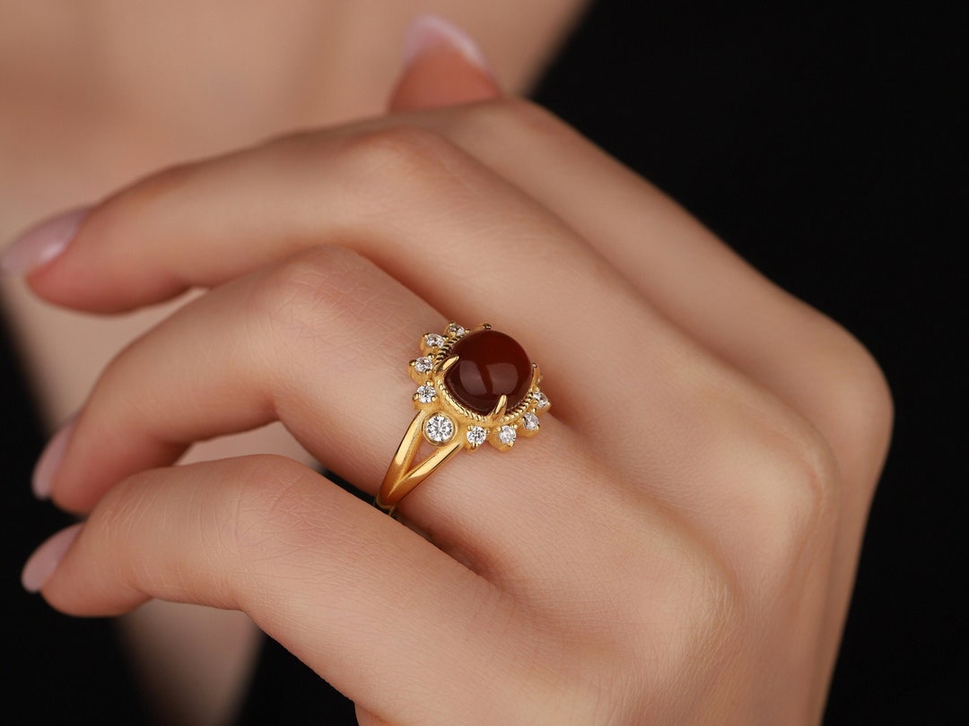 Initial Carnelian Round Stone Gold Ring, Delicate Women Red Carnelian ...