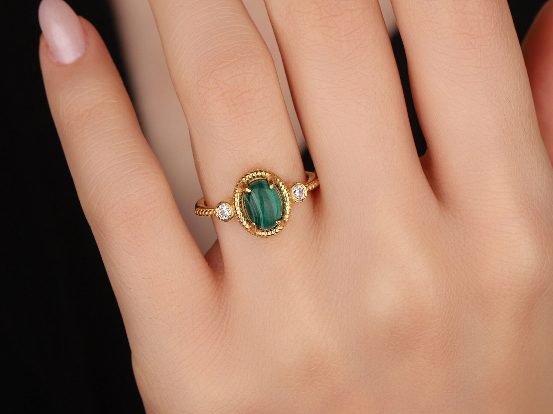 Delicate Malachite Gold Oval Stone Ring Women Malachite Ring - Etsy