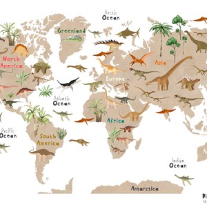 Illustrated Dinosaur World Map, Playroom World Map Print, Children's ...