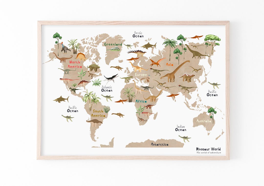 Illustrated Dinosaur World Map, Playroom World Map Print, Children's ...