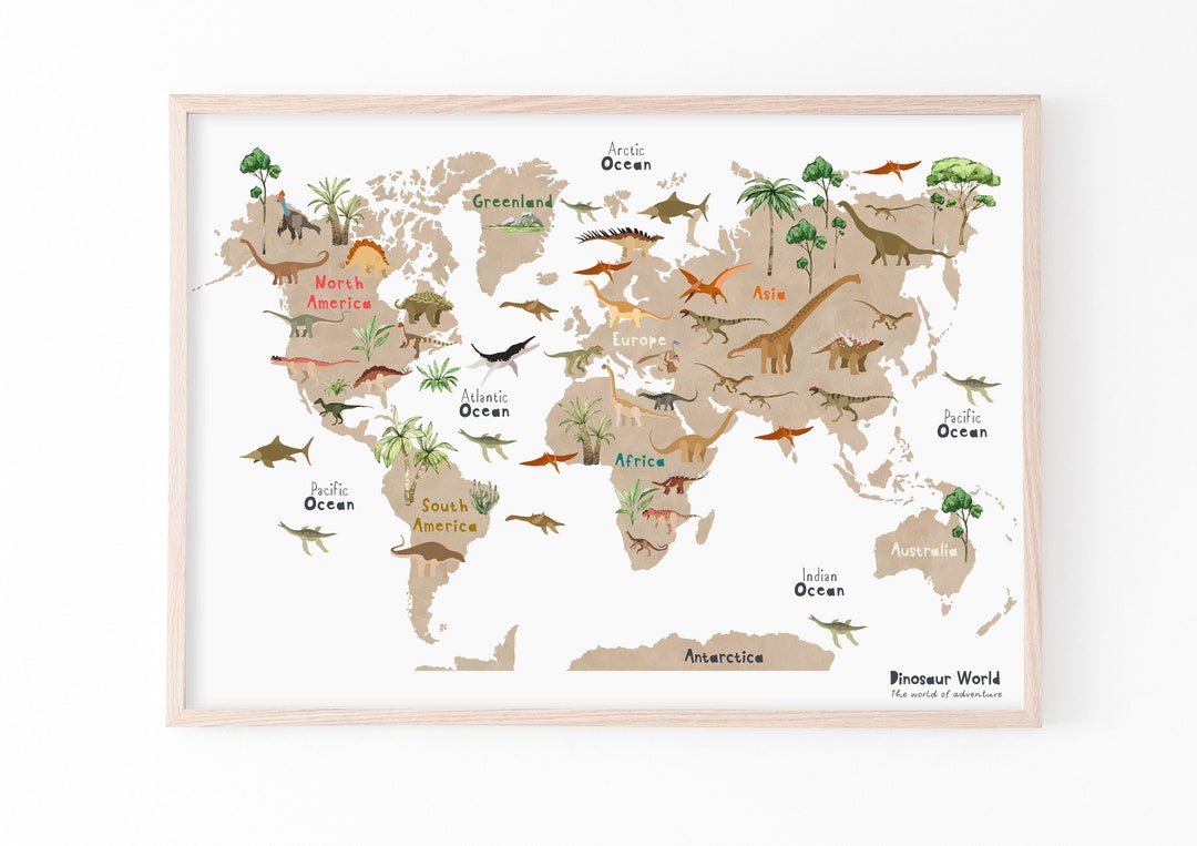 Illustrated Dinosaur World Map, Playroom World Map Print, Children's ...