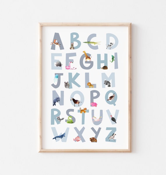 Blue alphabet print Animal alphabet print Nursery decor | Etsy