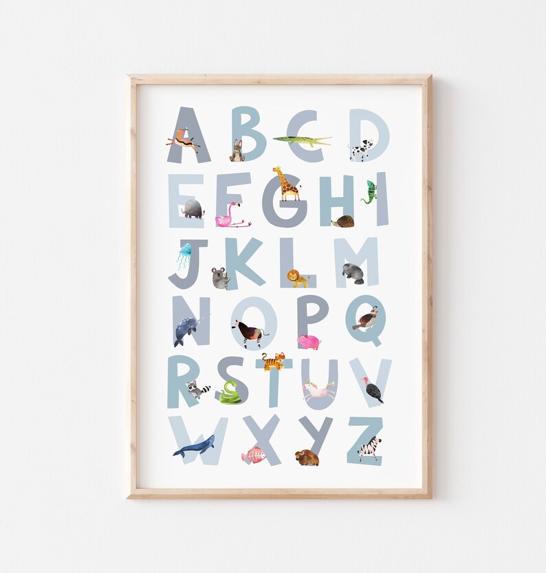 Blue alphabet print Animal alphabet print Nursery decor | Etsy