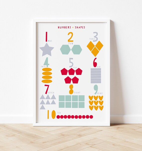 Red numbers and shapes print numbers print Nursery decor | Etsy