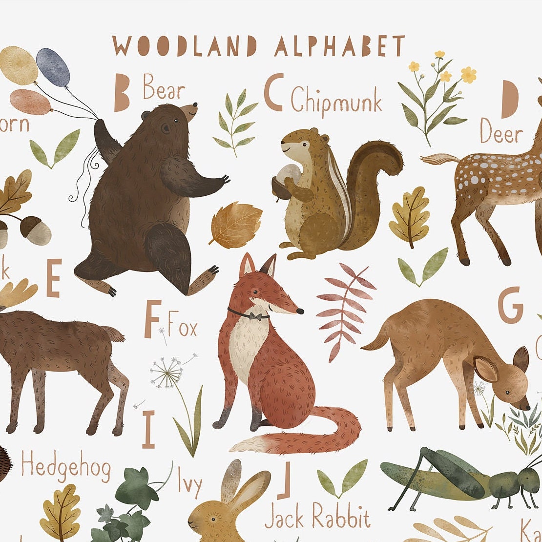 Woodland Print Woodland Alphabet Print Nursery Decor - Etsy UK