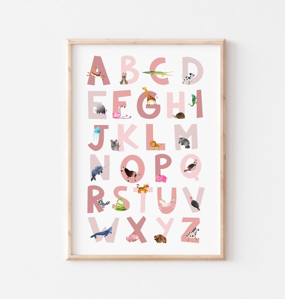 Pink alphabet print Animal alphabet print Nursery decor | Etsy