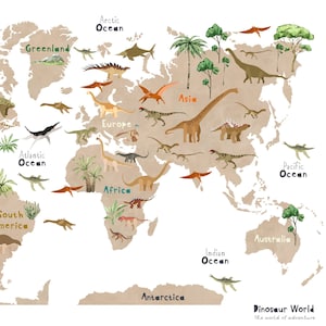 Illustrated Dinosaur World Map, Playroom World Map Print, Children's ...