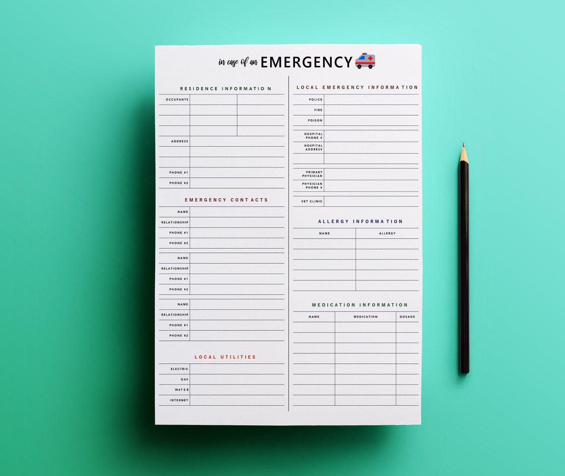 In Case of Emergency Printable, Medical Info, Emergency Planner, Family ...