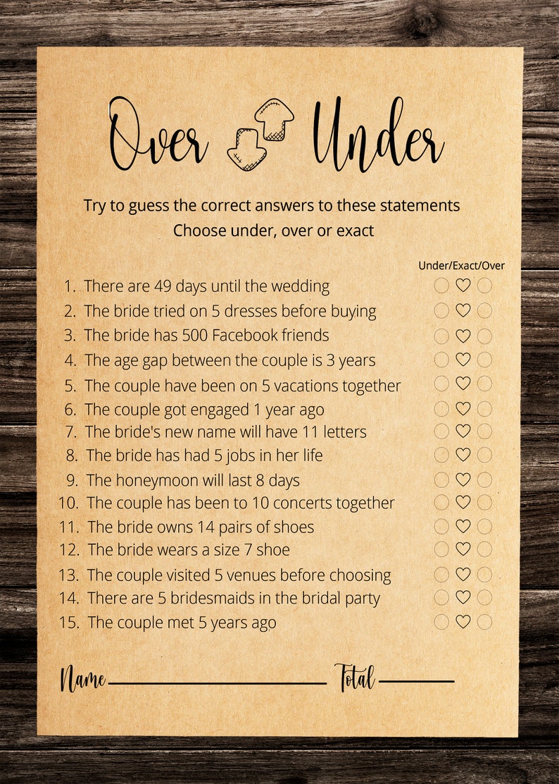 Over Or Under Bridal Shower Game Printable Instant Download Wedding