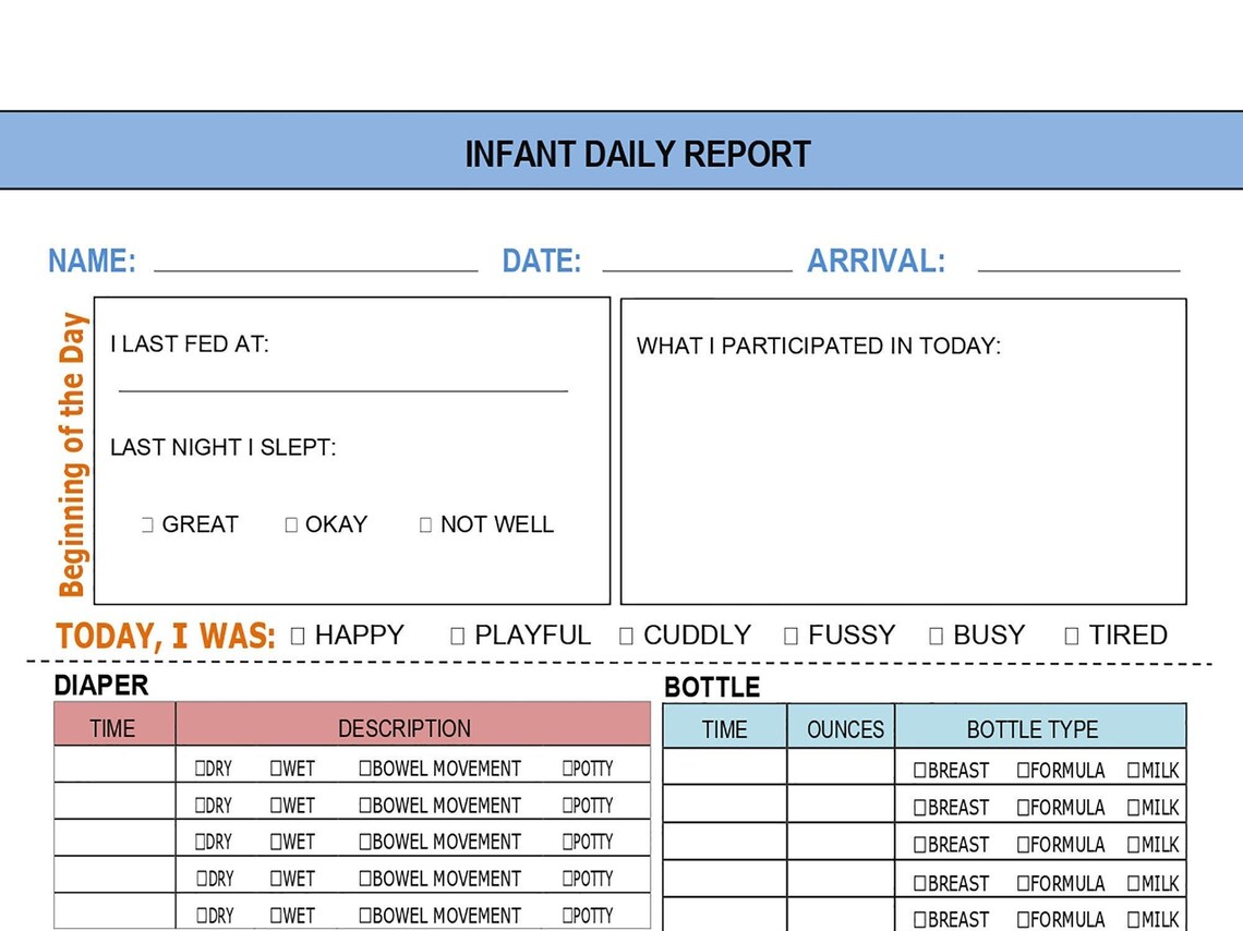 Printable Infant Daily Report Nanny Log Daily Infant Care Sheet ...