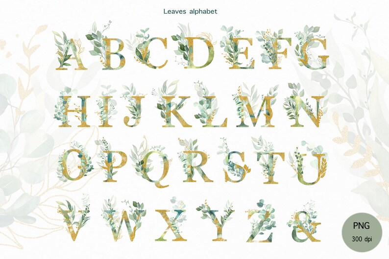 Gold Greenery Floral Alphabet letters Clipart PNG. Gold | Etsy
