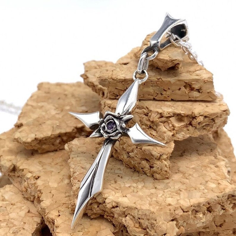 Gothic Cross Necklace,amethyst,ruby,rose Cross Necklace,silver Cross ...