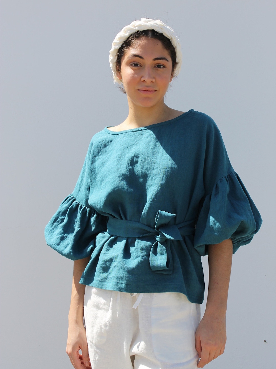 Linen Top, Puff Sleeve Linen Top, Fiorella Linen Top, Turquoise Linen ...