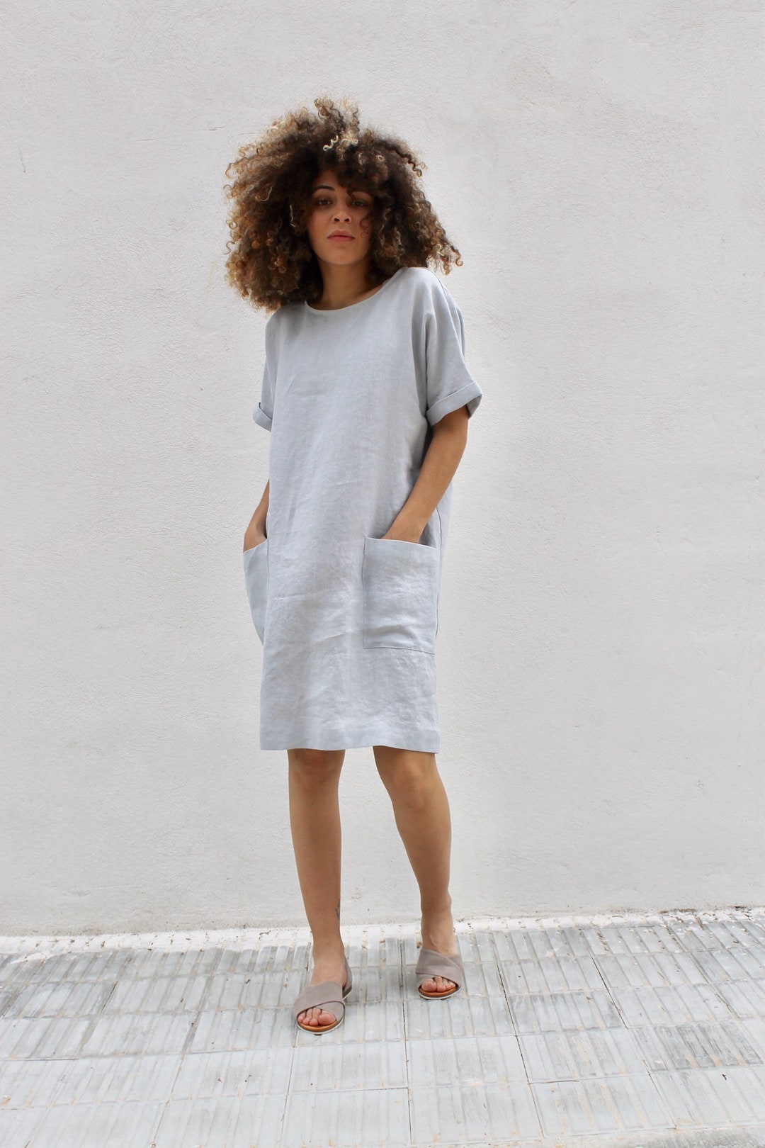 Ice Blue Linen Tunic Dress: Relaxed Fit, Short Sleeve - Etsy