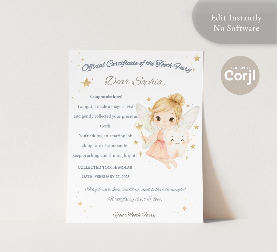 Tooth Fairy Magical Certificate | Editable 8.5x11 PDF | Instant ...