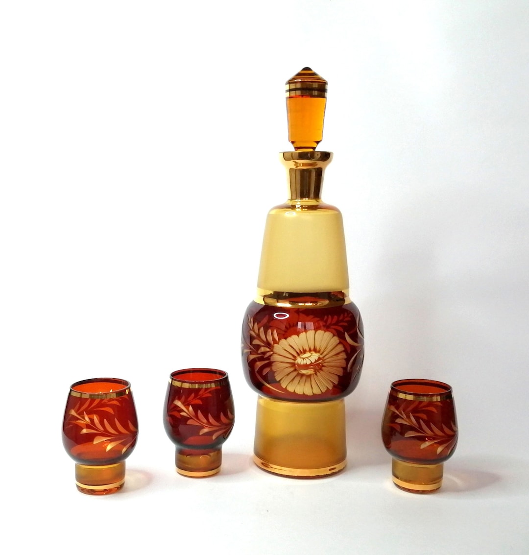 Amber Gold Decanter and Glasses. Bohemian Engraved Decanter Set ...