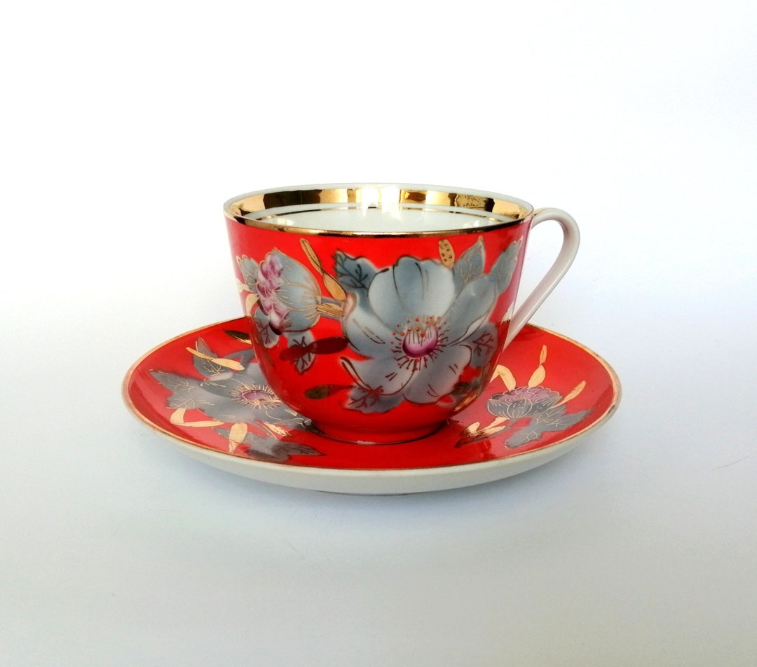 Large Vintage Tea Mug. Tea Lovers Gift. Red Porcelain Tea Cup and ...