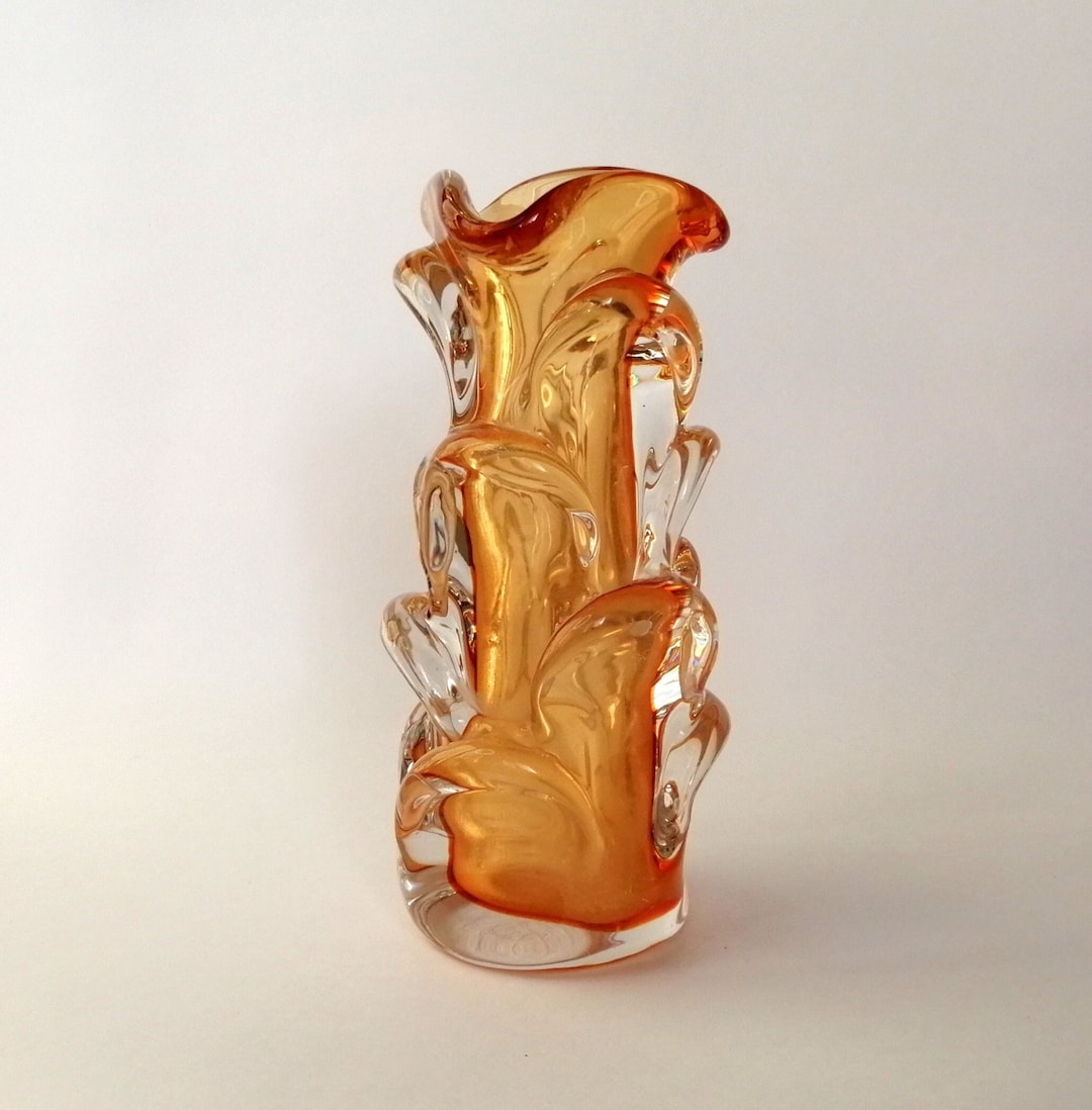 Large Orange Art Deco Vase. Vintage Tall Amber Glass Vase. Mid Century ...