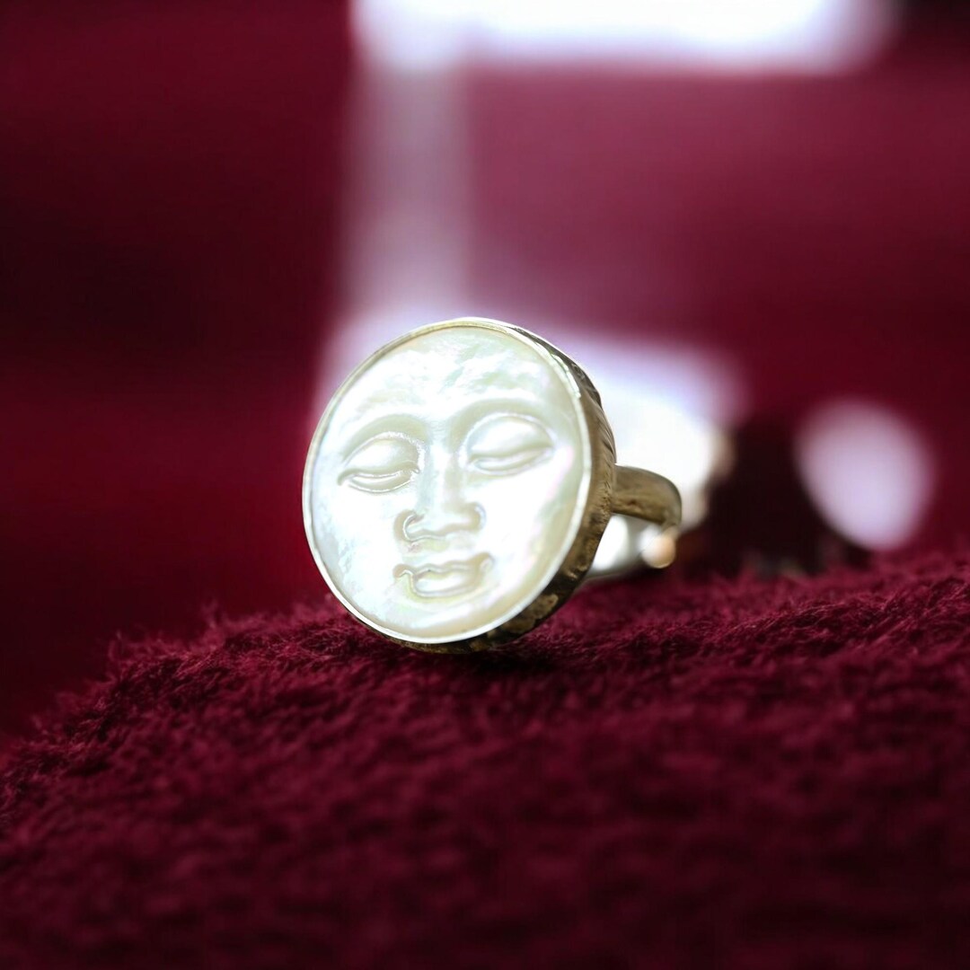 925 Sterling Silver Pearl Ring, White Pearl Moon Face Ring, Smile Face ...
