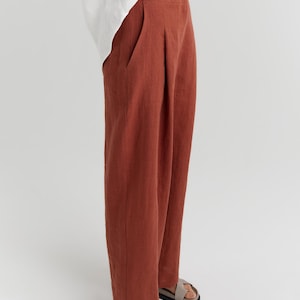 Terracotta Linen Pants, Rust Trousers, Linen Clothing, High Waist Pants ...
