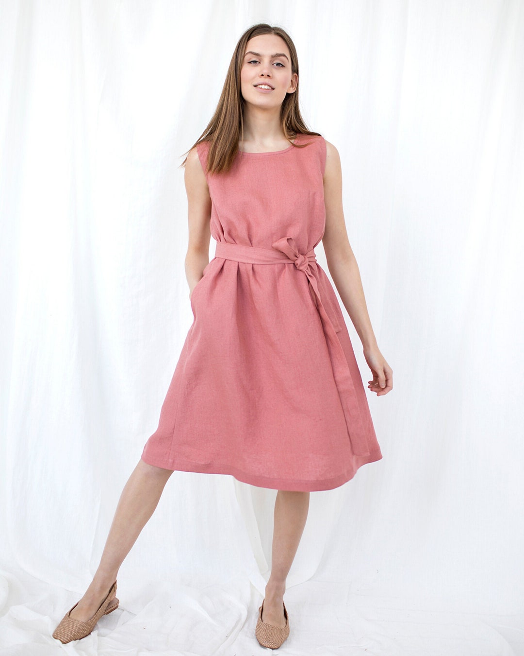Pink Linen Dress, Cocktail Dress for Wedding Guest, Petite Dress ...